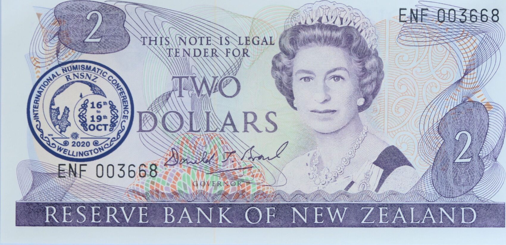 New Zealand 2 Dollars 2020 Wellington Conference $ 2 Aufdruck, äußerst ...