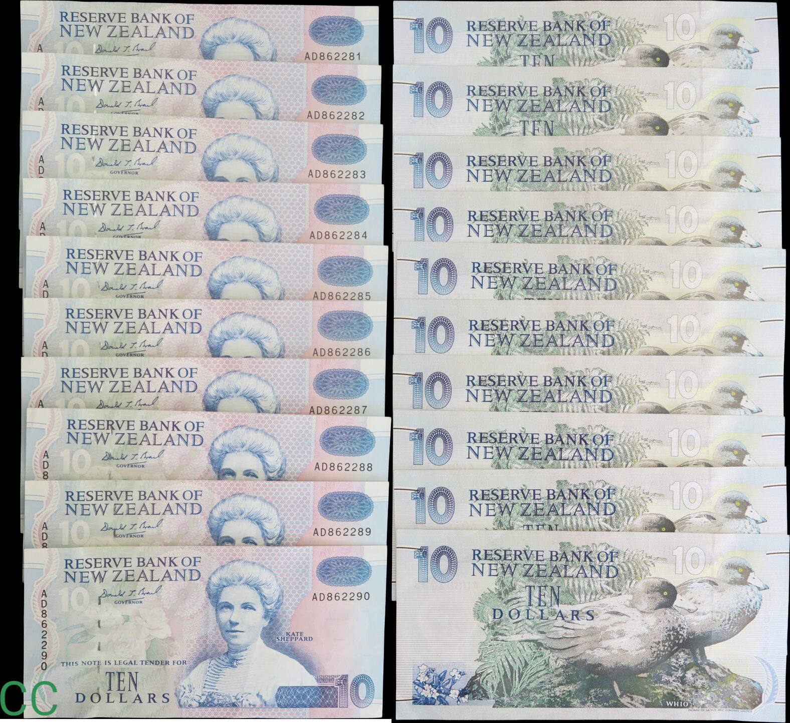 New Zealand Ten Dollars 1993-98 Kate Sheppard notes consecutive gEF ...