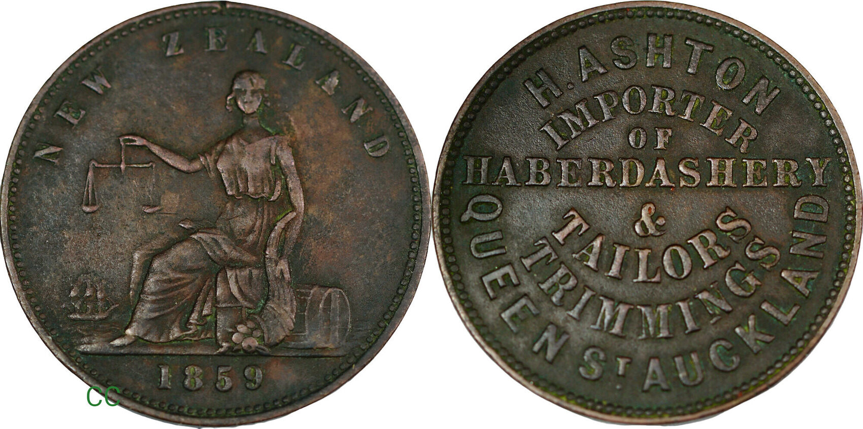 New Zealand Penny token 1859 H. Ashton Token gFine-aVF | MA-Shops