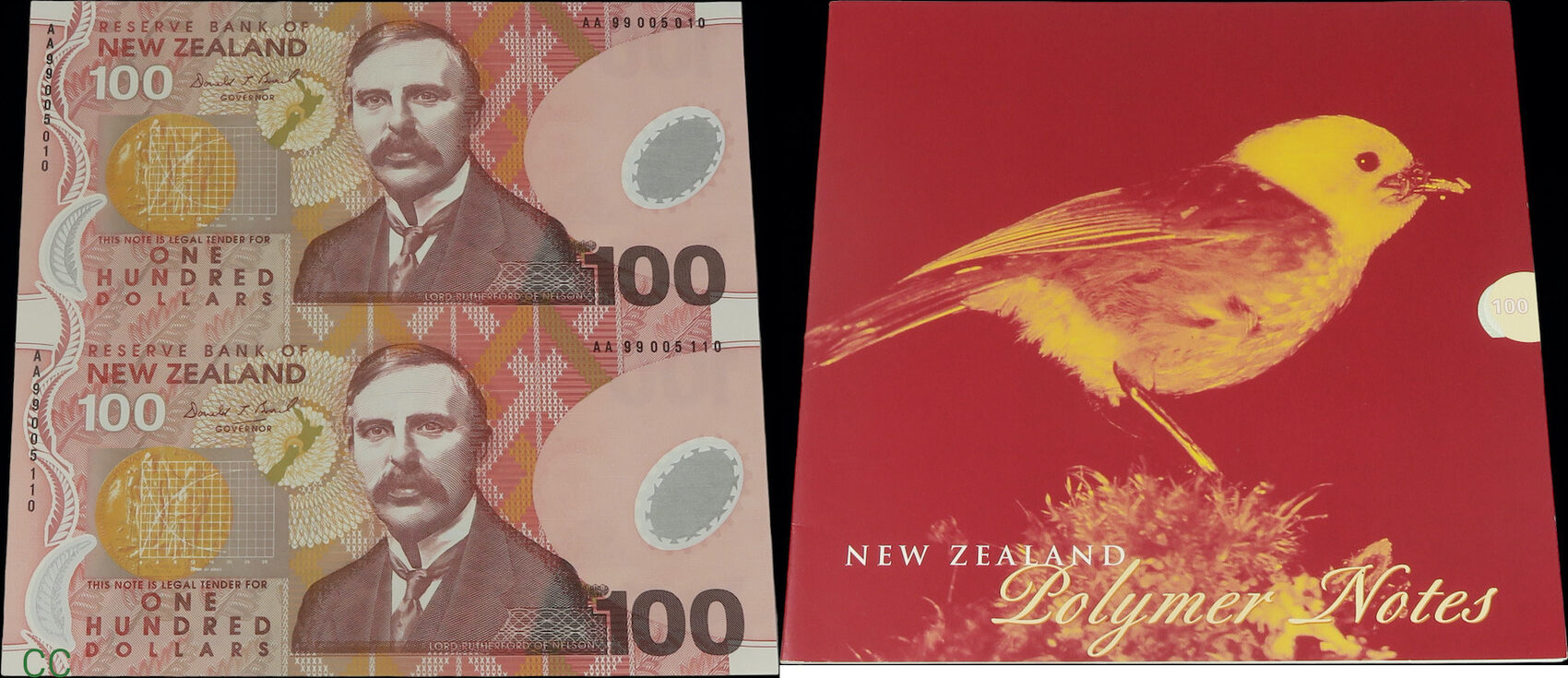 New Zealand 100 dollars 1999 $100 Uncut pair AA99, First prefixes. unz ...