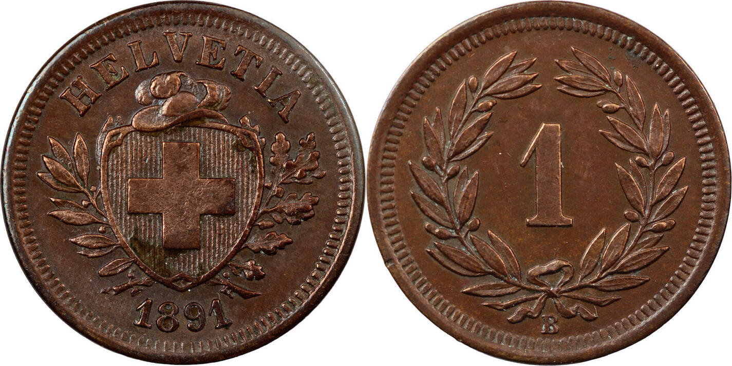 Switzerland 1 Rappen 1891 Confoederatio Helvetica. aEF-EF | MA-Shops