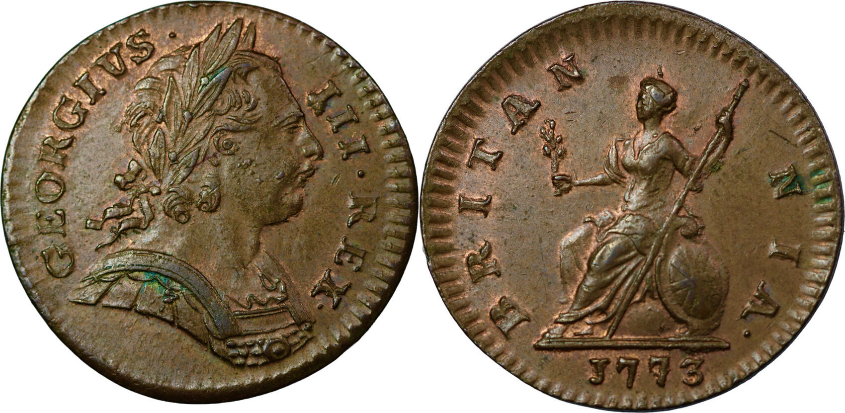 Great Britain Farthing 1773 Scarce Variety: Branch to right leg of A ...