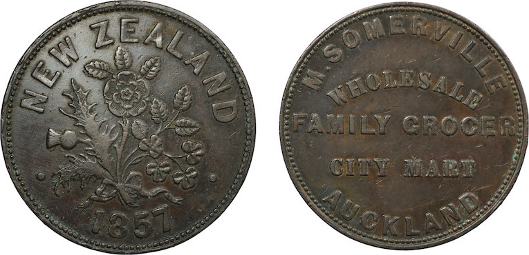 New Zealand Token penny 1857 M. Somerville Fine-gFine | MA-Shops