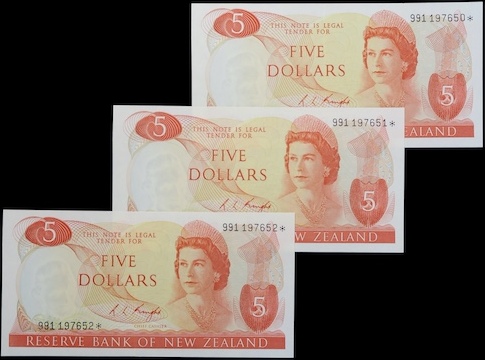 New Zealand 5 Dollars 1975-77 Three star notes unz | MA-Shops