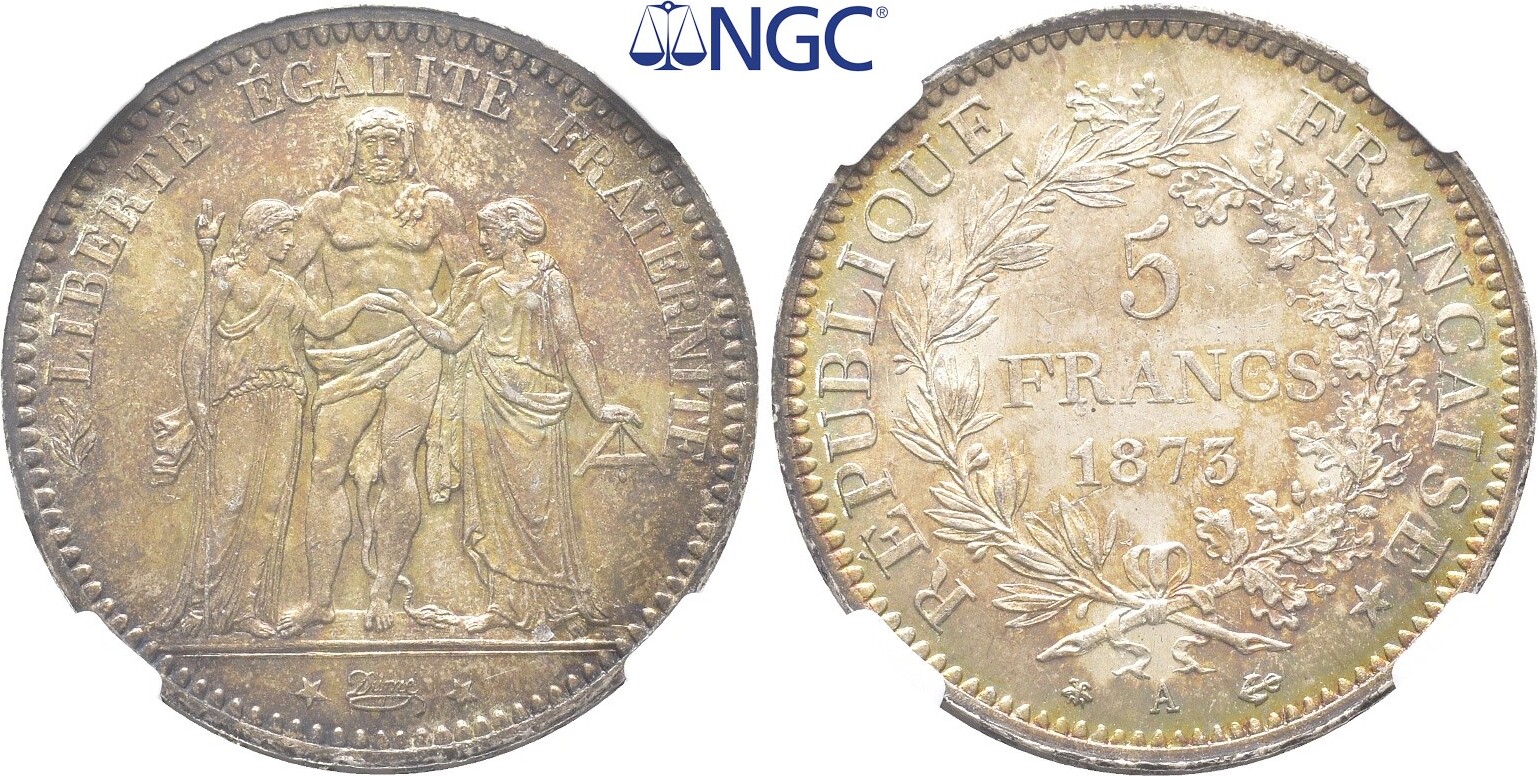 Frakreich 5 Francs 1873 A, Paris. Herkulesguppe. Fast Stempelglanz / NGC MS 65 | MA-Shops