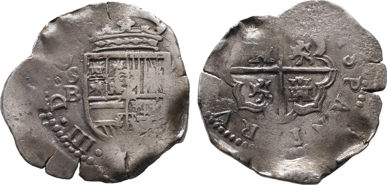 Spanien Cob 2 Reales SB, Sevilla. Philip II. 1556-1598. Ship Treasure. Sehr schön-vorzüglich ...