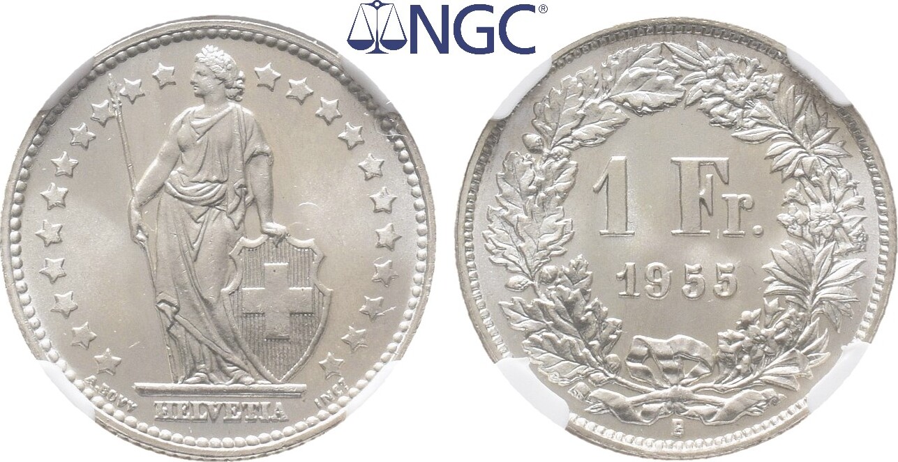Schweiz 1 Franken 1955 B, Bern. Eidgenossenschaft. Helvetia. Sehr selten in dieser Erhaltung ...