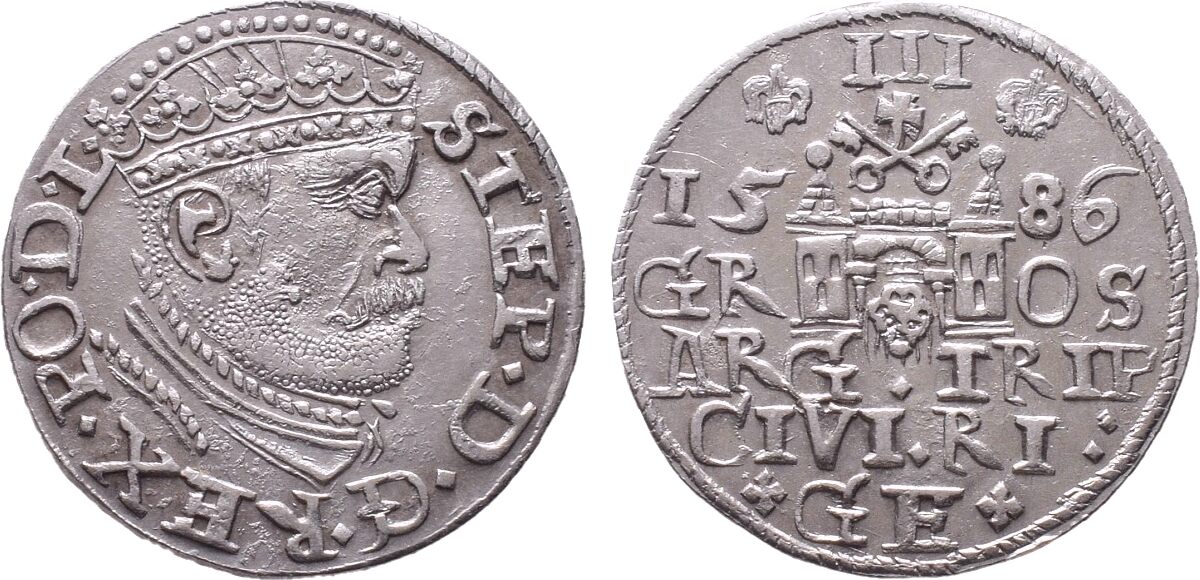 Polen 3-Gröscher 1586, Riga. Stephan Bathory 1576-1586. Attraktives ...