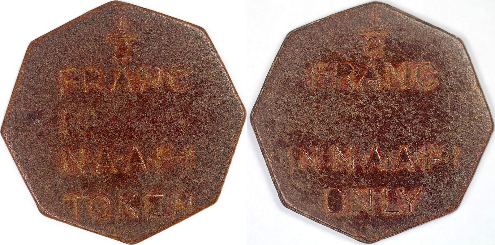 United Kingdom / France 1/2 Franc Octagonal Token 1944 N-A-A-F-I TOKEN ...