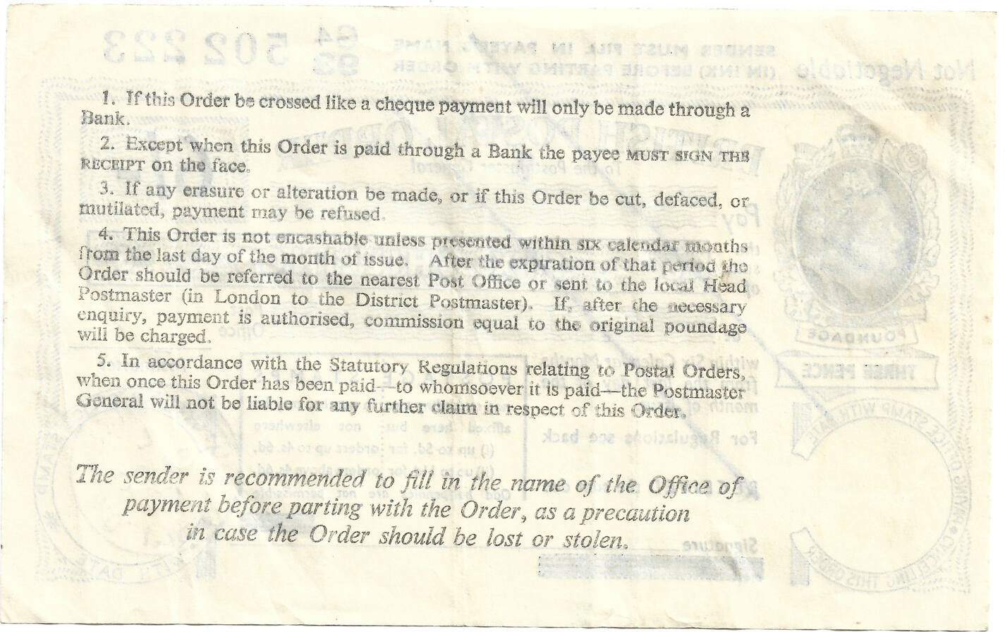 British Postal Order 6 Shillings 1958 Queen Elizabeth II F | MA-Shops