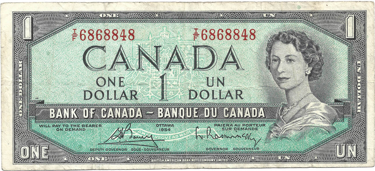 Canada One Dollar 1954 Canadian Bank Note Company - Queen Elizabeth II ...