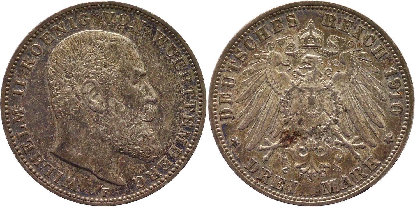 Württemberg 3 Mark 1910 F Wilhelm 1891-1918 sehr schön+ | MA-Shops