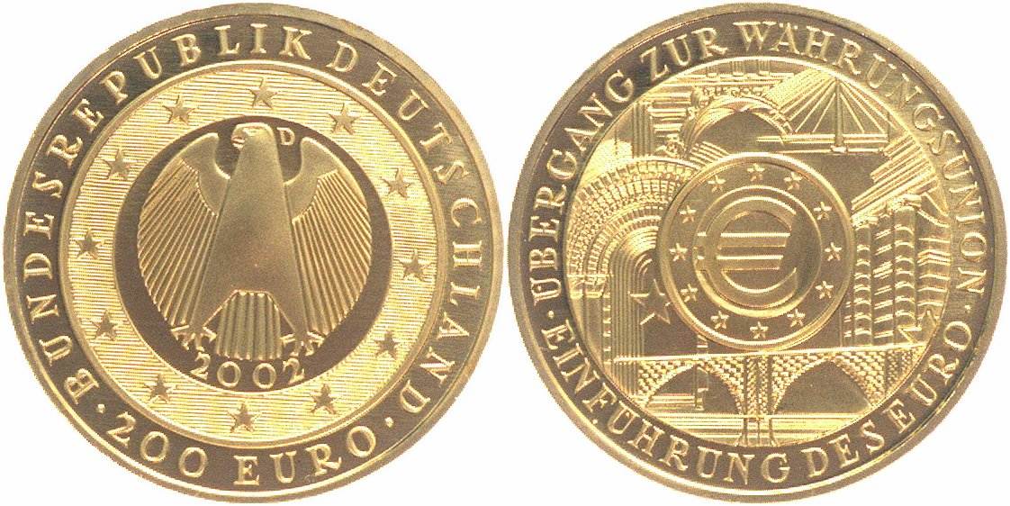 Deutschland 200 Euro GOLD 2002 D Währungsunion, Einführung des Euro ST ...