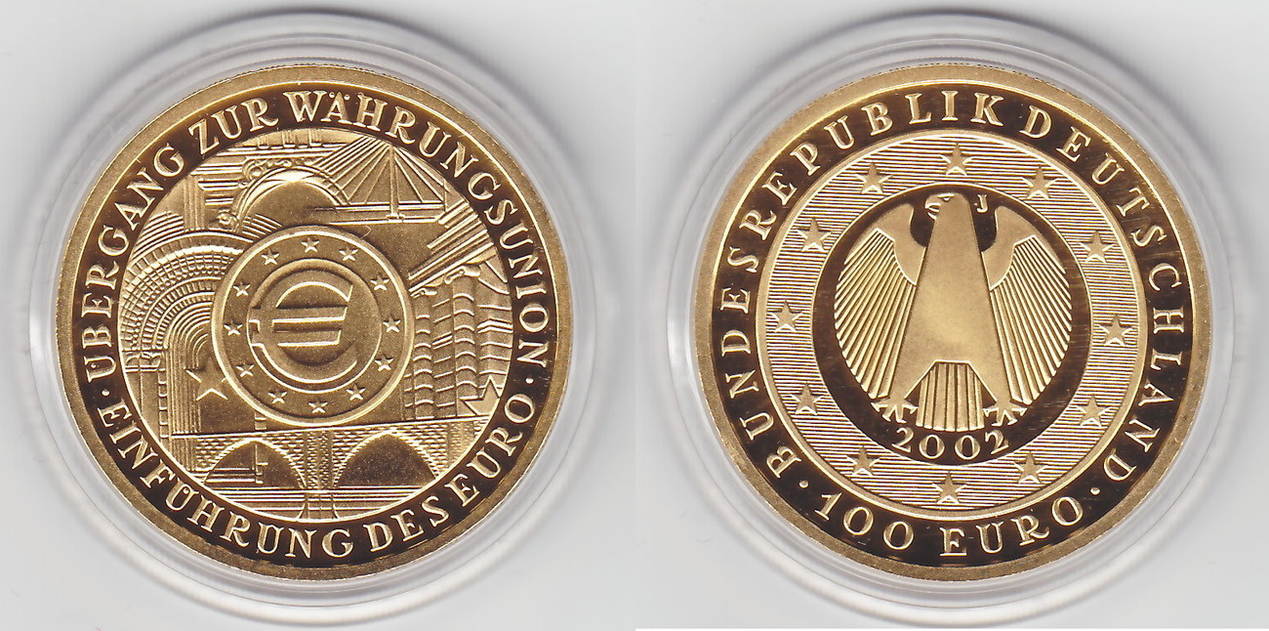 Deutschland 100 Euro GOLD 2002 J Währungsunion, Einführung des Euro ST ...