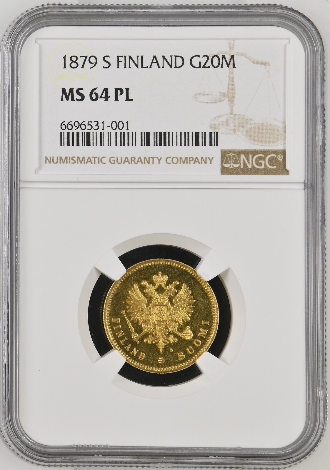 G20M 1879 S FINLAND, RUSSIAN DUCHY GOLD 20 MARKKAA 1879 NGC PROOF LIKE MS 64 NGC MS 64 PL | MA-Shops