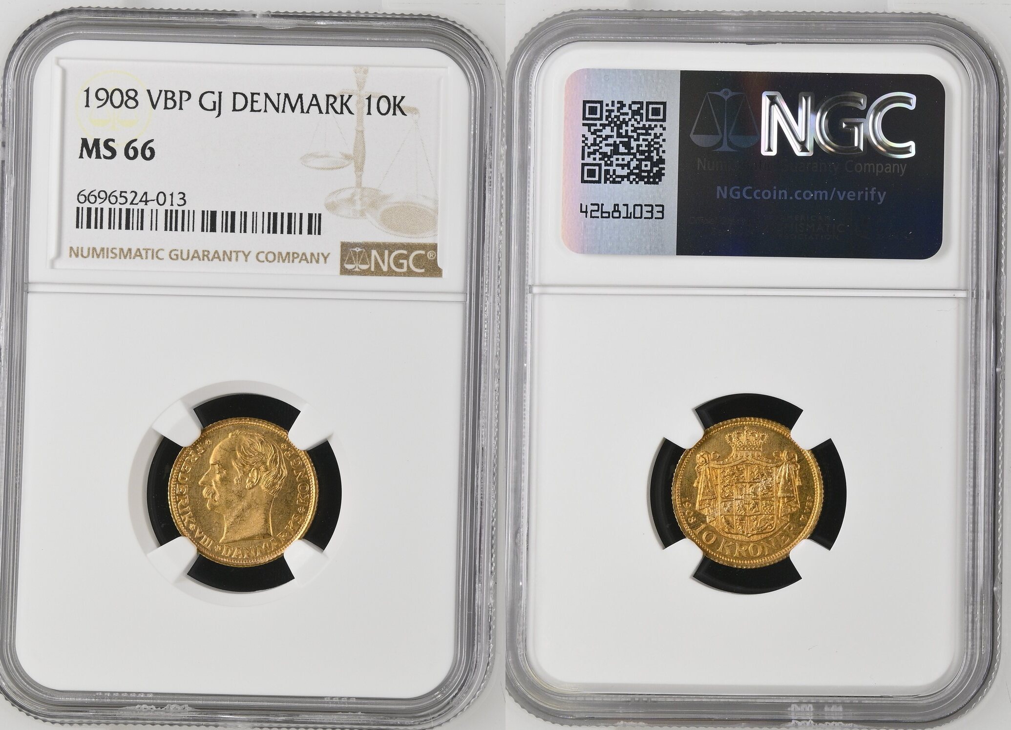 10K 1908 VBP GJ DENMARK GOLD 10 KRONER 1908 VBP NGC MS 66 | MA-Shops