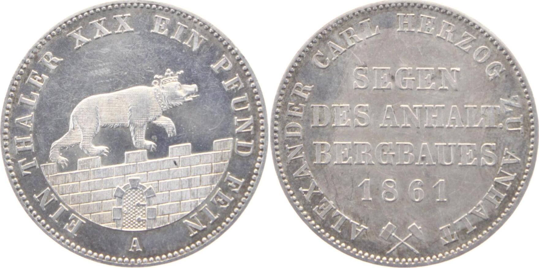 Anhalt-Bernburg Ausbeute-Taler 1861 Alexander Carl 1834-1863. vorzüglich+ / f. Stempelglanz | MA ...
