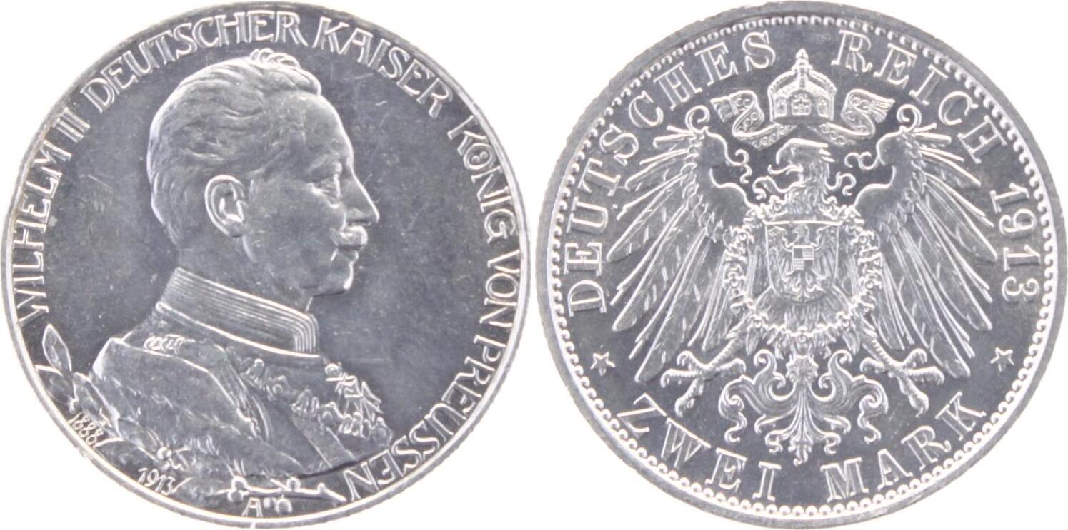 Preussen 2 Mark 1913 A Wilhelm II. 1888-1918. winziger RF., min. Kr., Stempelglanz | MA-Shops