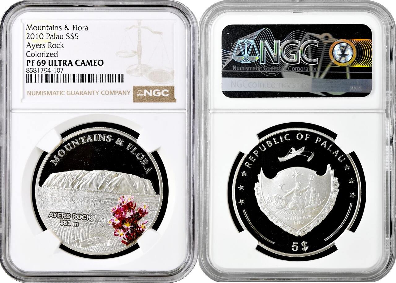 5 dollars Palau 2010, NGC PF69 UC, Mountains and Flora - Ayers Rock ...