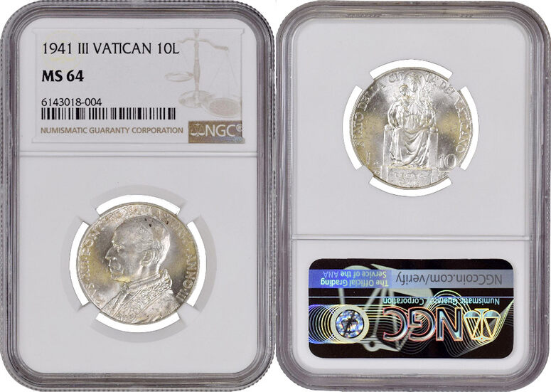 10 lire Vatican City 1941, NGC MS64, Pope Pius XII (1939 - 1958) | MA-Shops