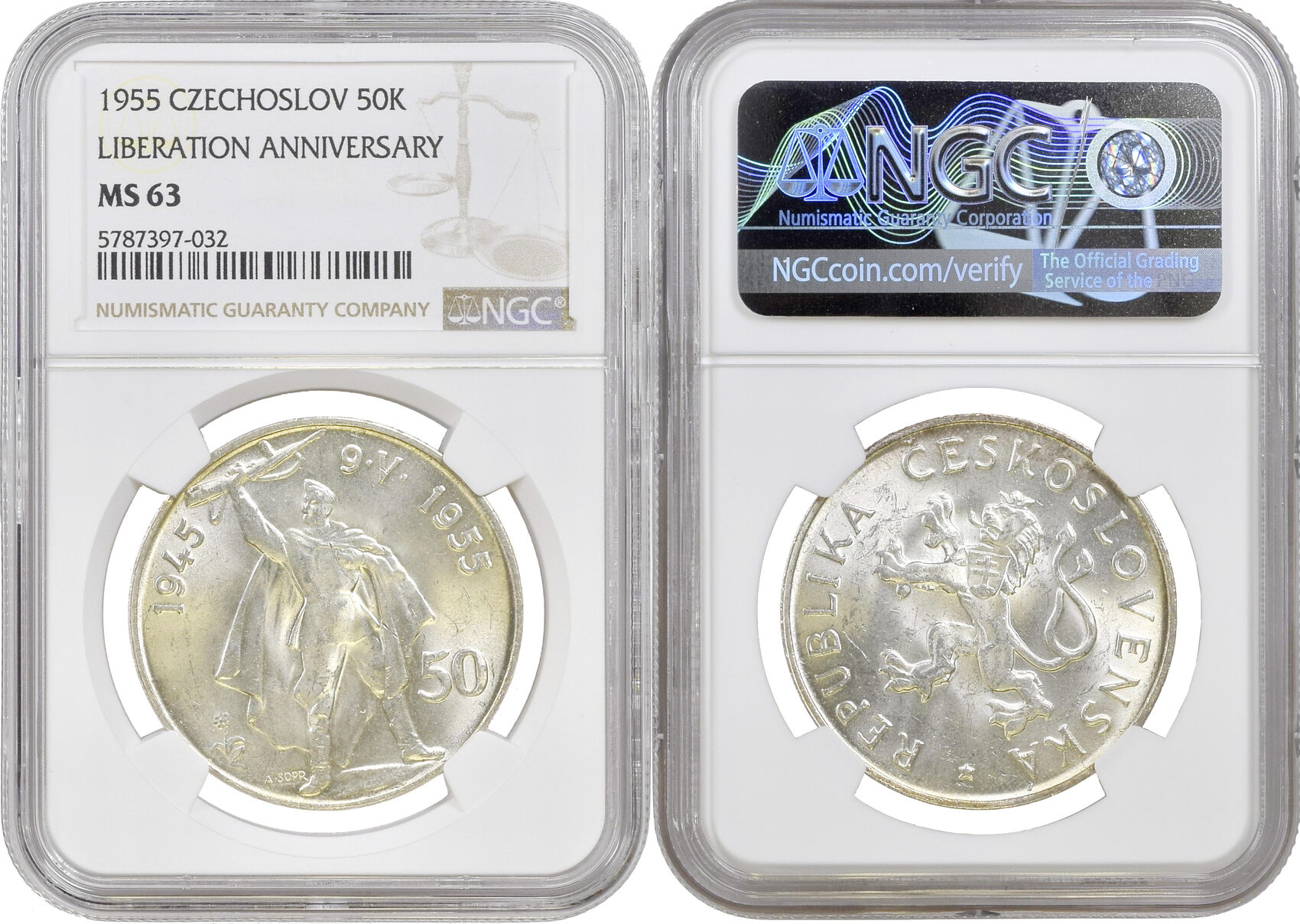 50 korun Czechoslovakia 1955, NGC MS63, 10th Anniversary - Liberation from Germany | MA-Shops