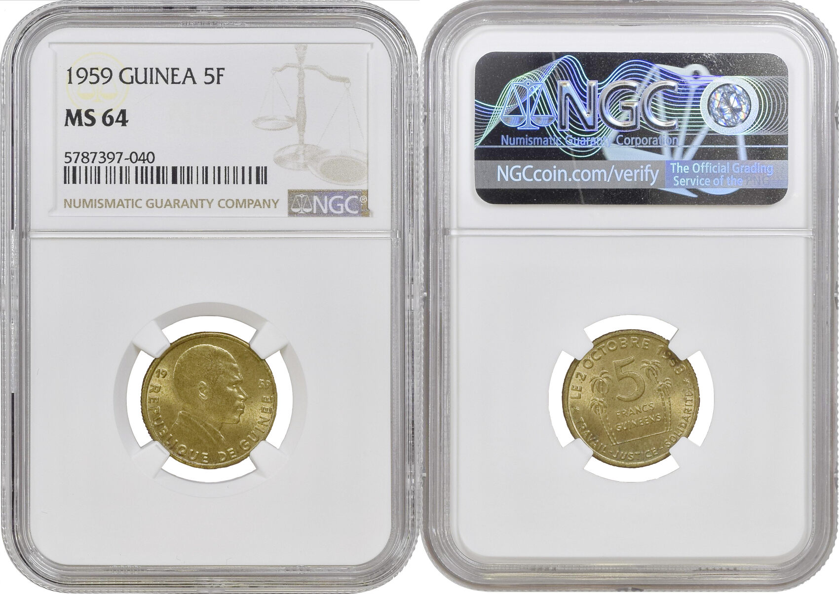 5 francs 1959 Guinea 1959, NGC MS64, Old franc (1959 - 1971) | MA-Shops