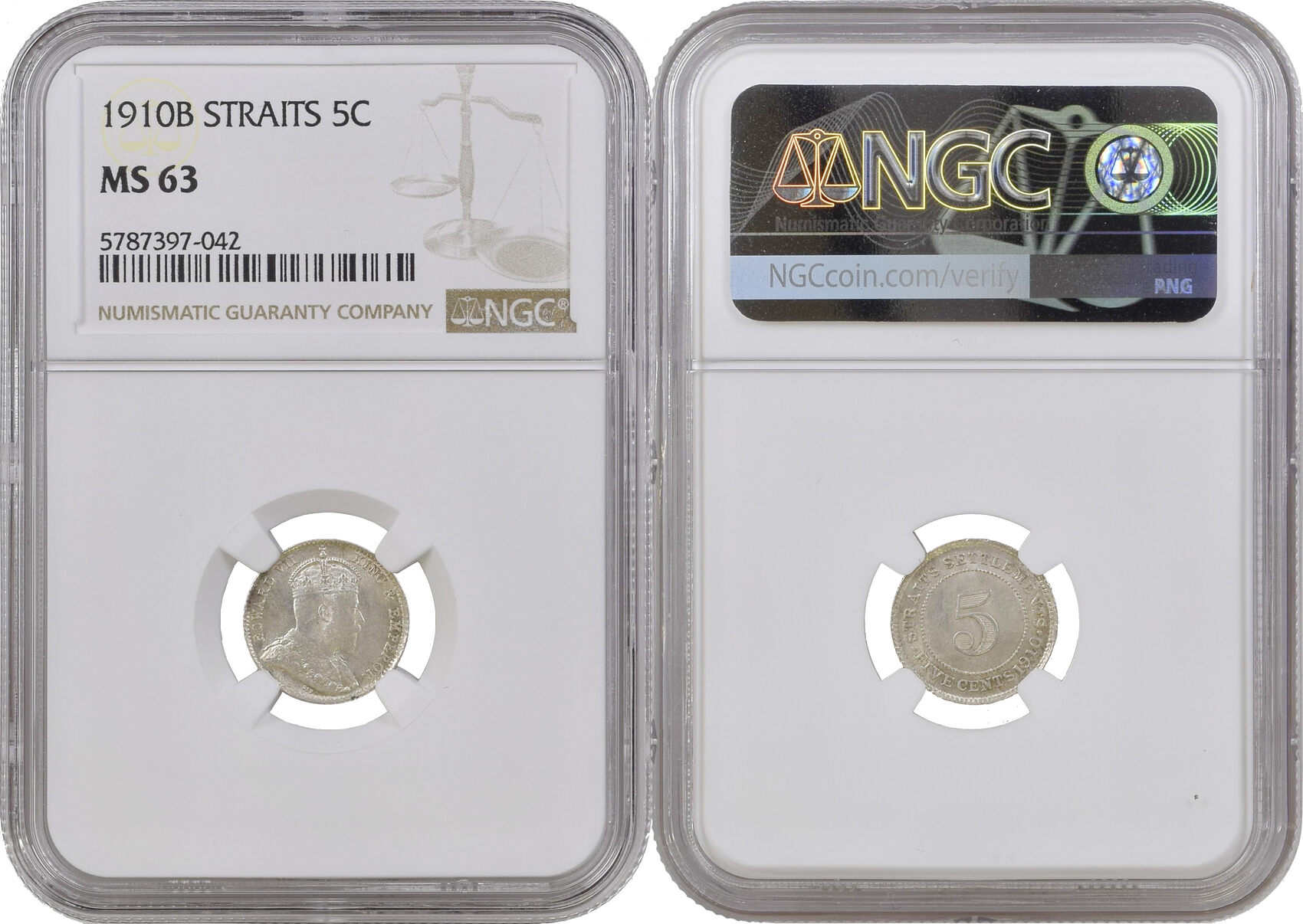 5 cents Straits Settlements 1910 B, NGC MS63, King Edward VII (1902 - 1910) | MA-Shops