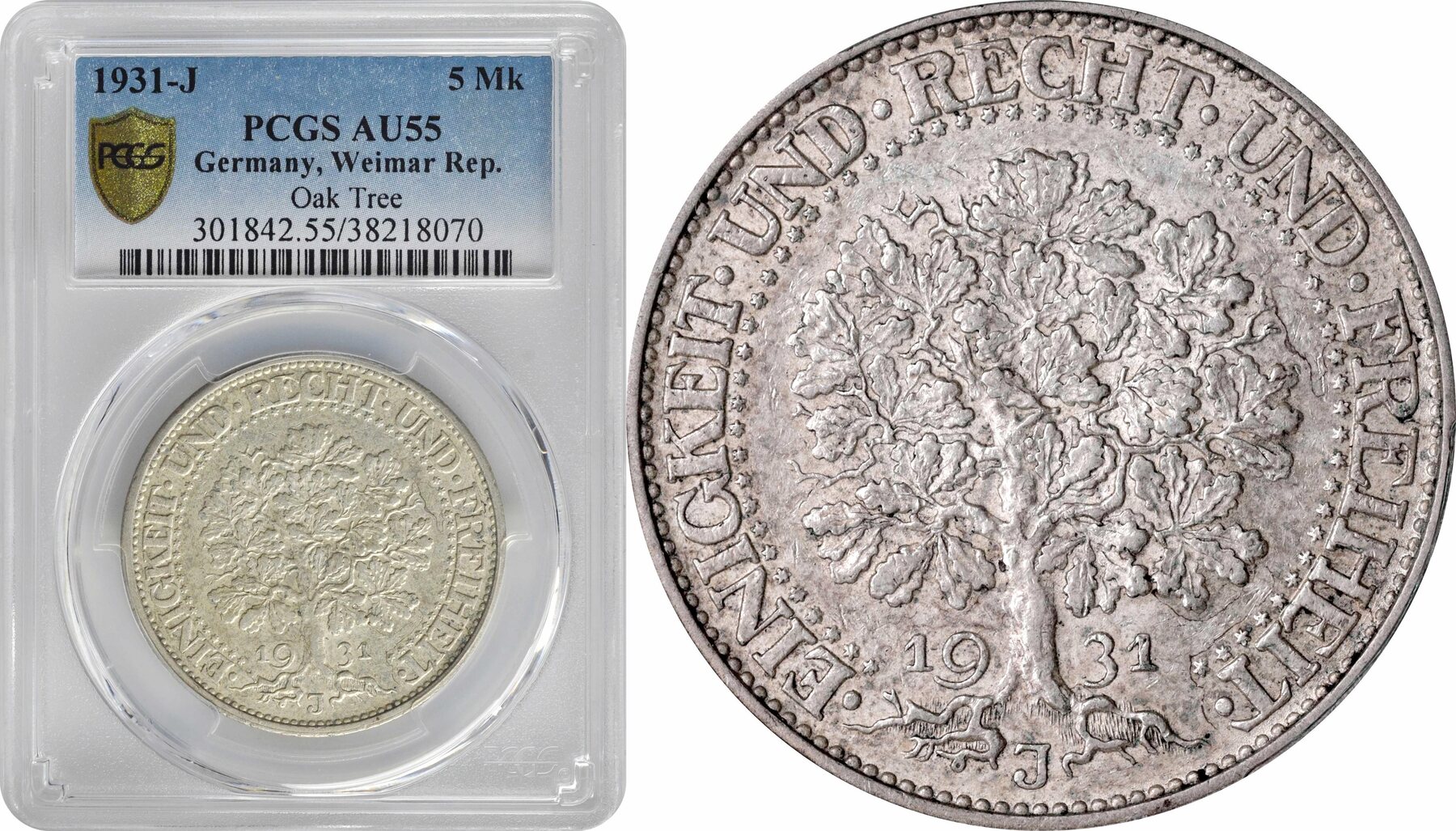 5 reichsmark Germany 1931 J, PCGS AU55, Weimar Republic (1924 - 1938 ...