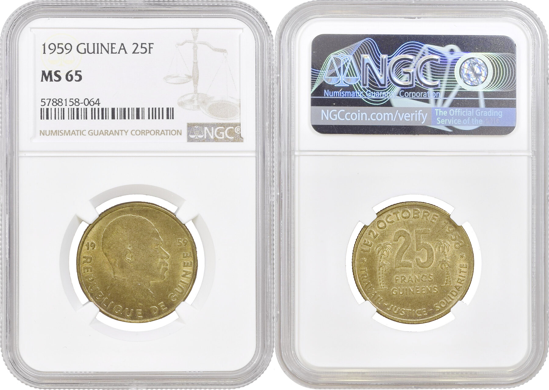 25 francs 1959 Guinea 1959, NGC MS65, Old franc (1959 - 1971) | MA-Shops