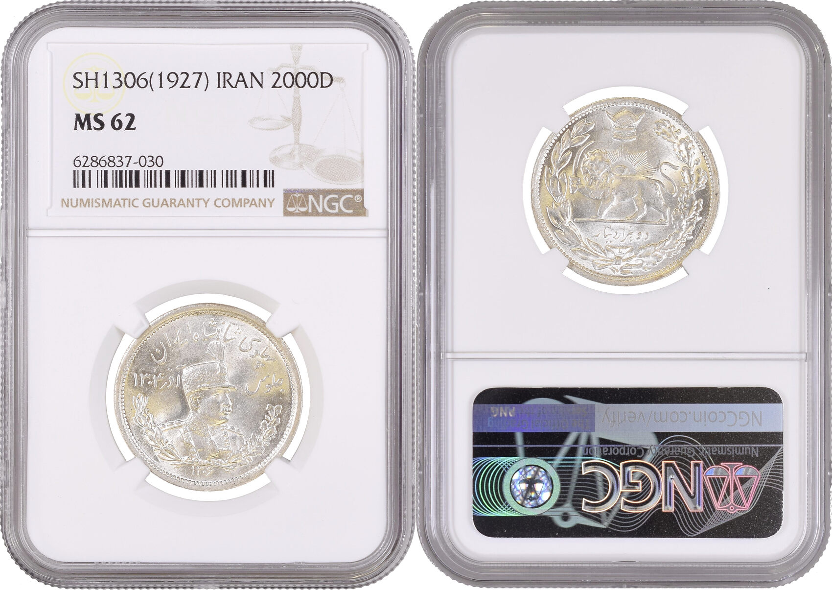 2000 dinars 1927 Persia SH 1306, NGC MS62, Reza Shah Pahlavi (1925 - 1930) | MA-Shops