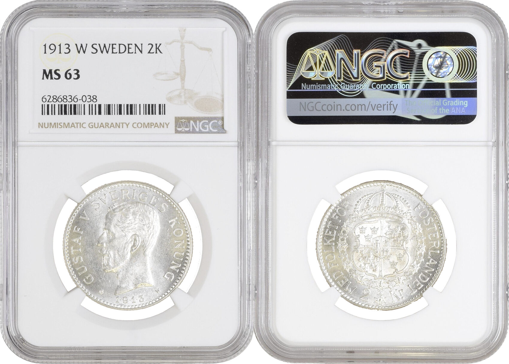 2 kronor Sweden 1913 W, NGC MS63, King Gustaf V (1908 - 1950) | MA-Shops