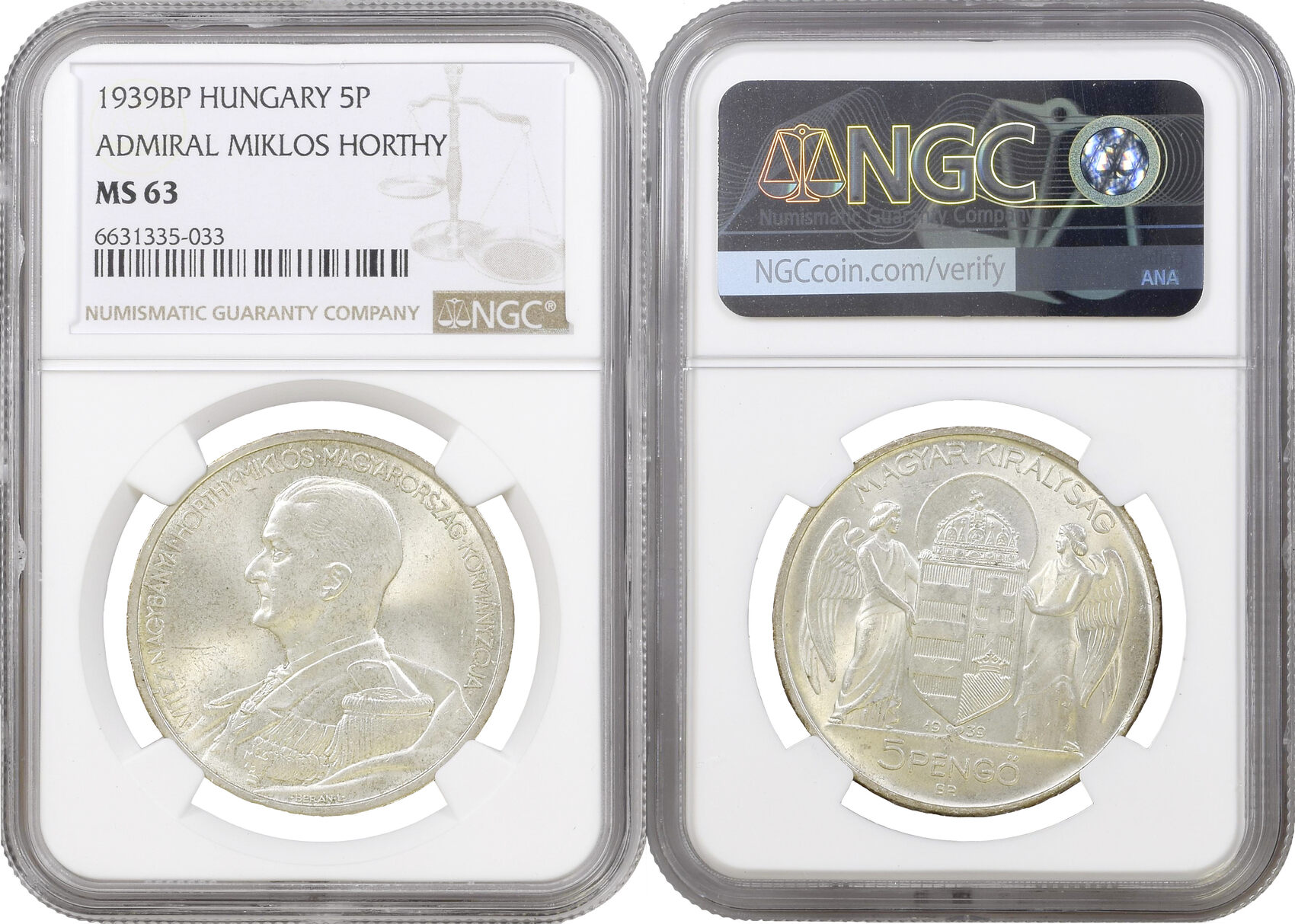 5 pengo Hungary 1939 BP, NGC MS63, Admiral Miklos Horthy | MA-Shops