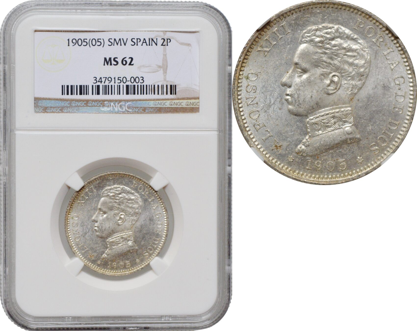 2 pesetas 1905 Spain SMV, NGC MS62, King Alfonso XIII (1886 - 1931) | MA-Shops