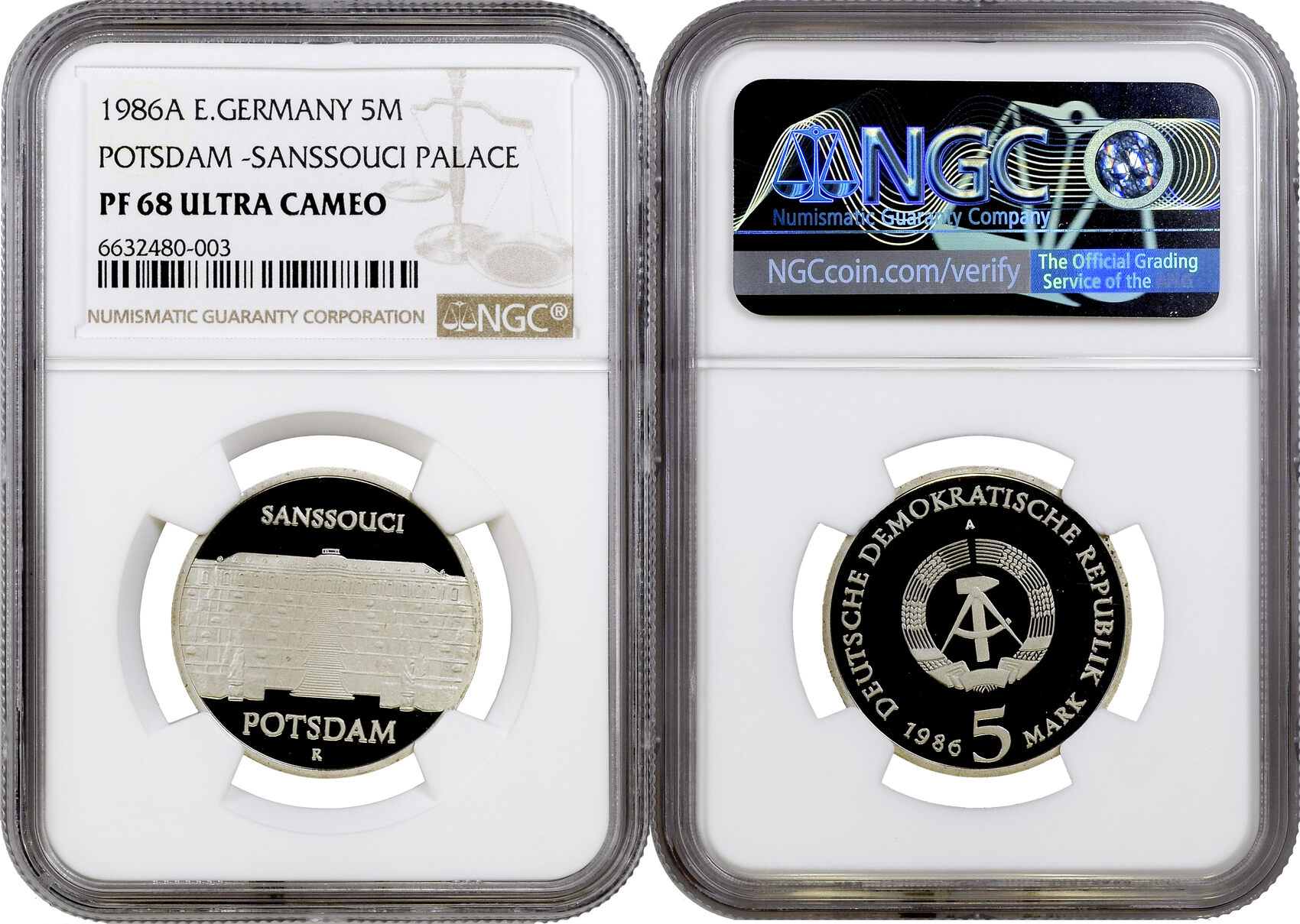 5 mark Germany - GDR 1986, NGC PF68 UC, Sanssouci Palace of Potsdam ...