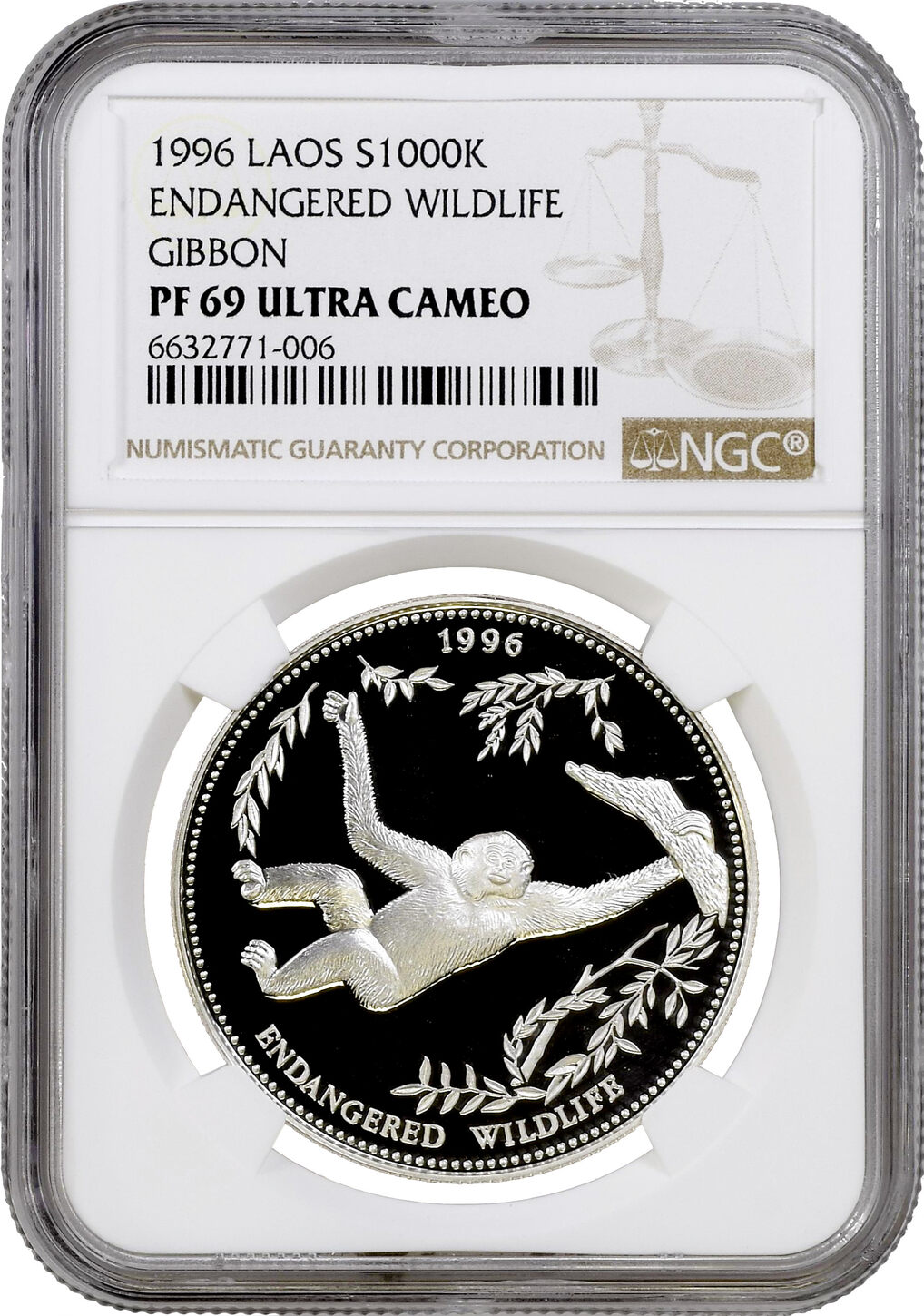 1000 kip Laos 1996, NGC PF69 UC, Endangered Wildlife - Gibbon | MA-Shops