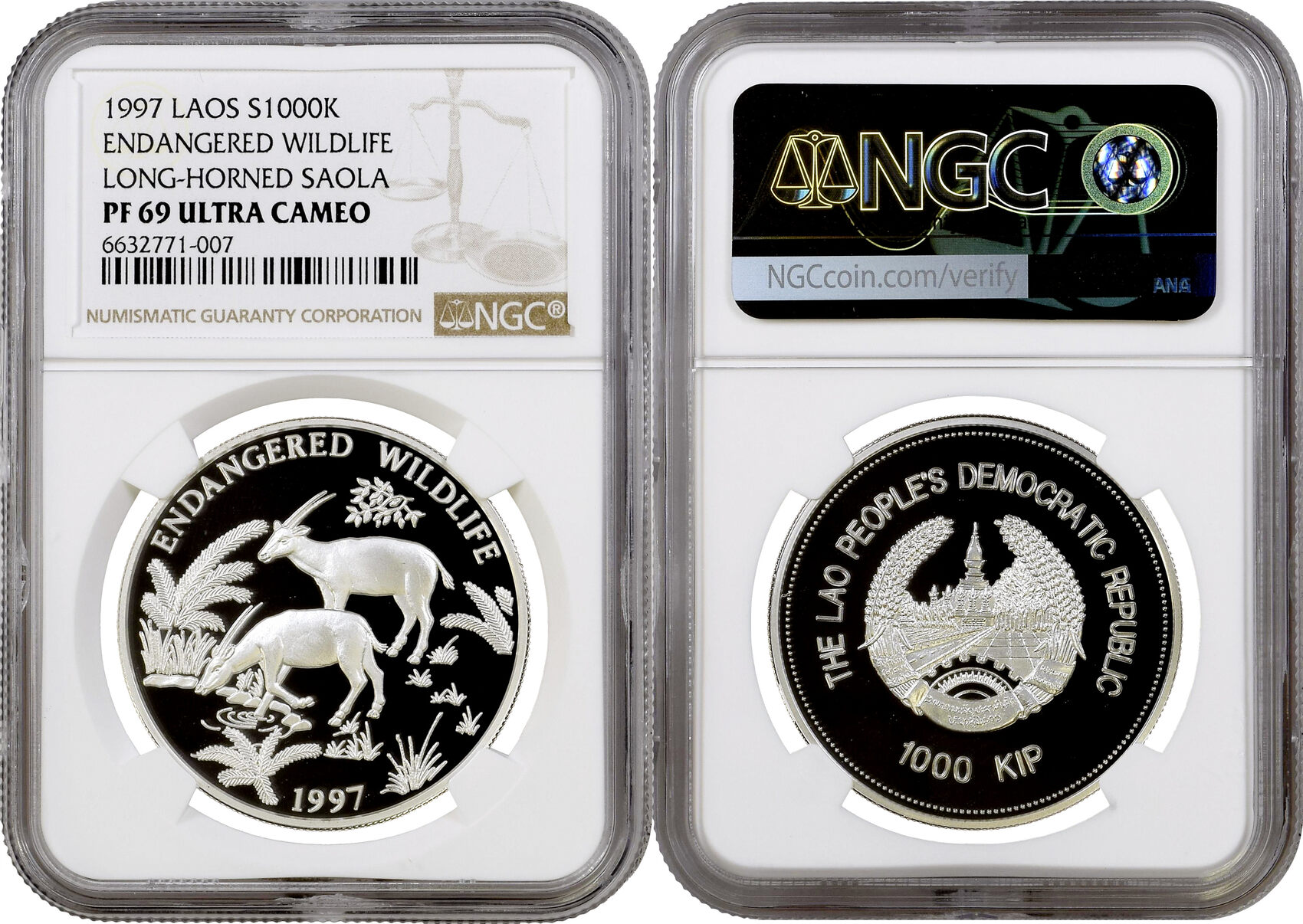 1000 kip Laos 1997, NGC PF69 UC, Endangered Wildlife - Long-horned ...