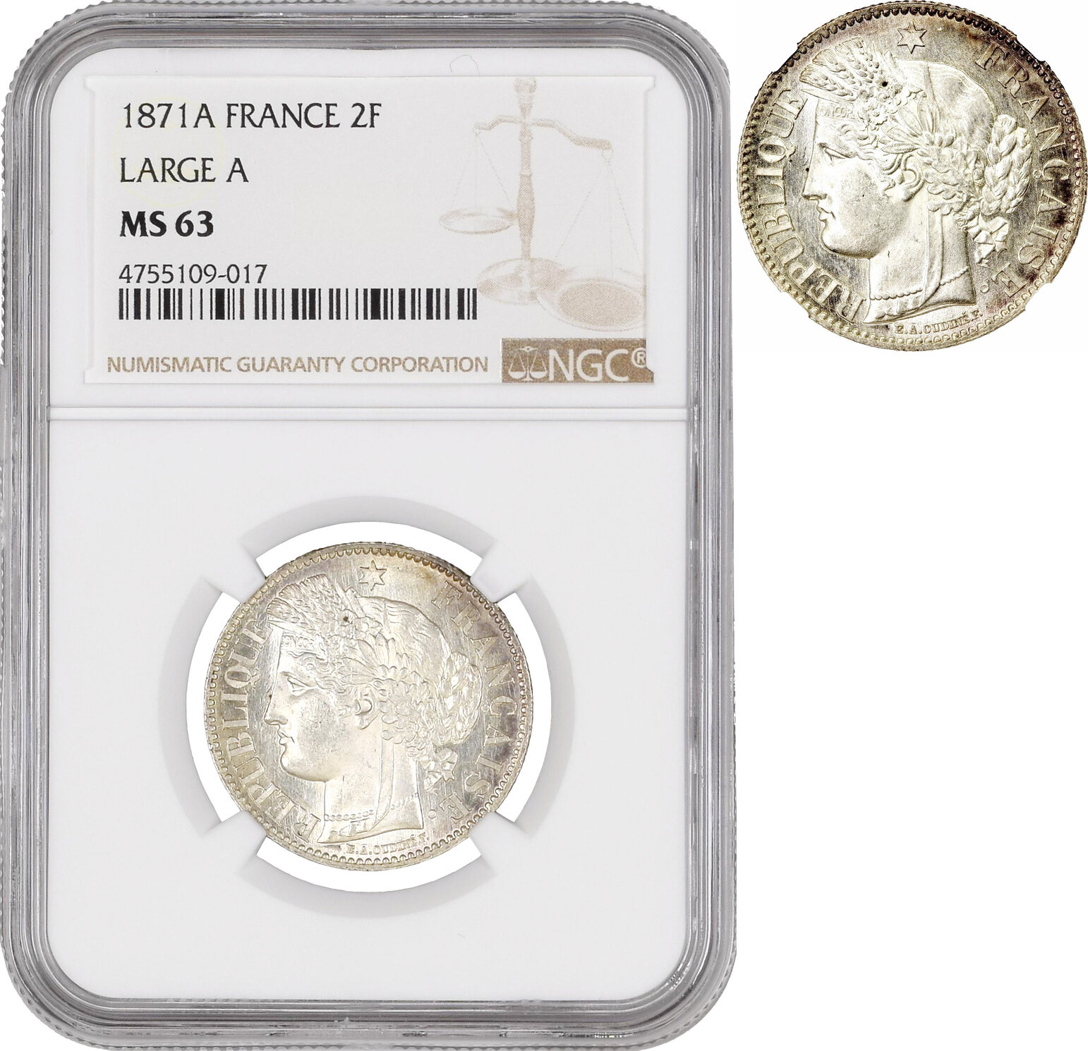 2 francs France 1871 A, NGC MS63, Third Republic (1870 - 1941) | MA-Shops