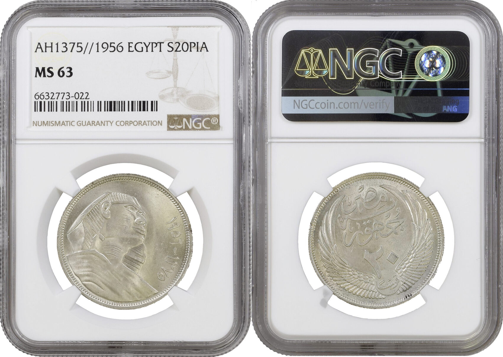 20 piastres Egypt 1956, NGC MS63, Republic of Egypt (1953 - 1958) | MA-Shops