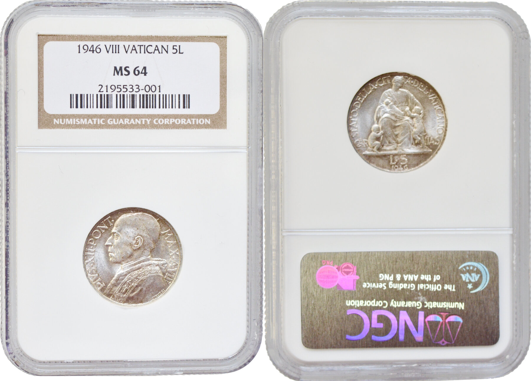 5 lire Vatican City 1946, NGC MS64, Pope Pius XII (1939 - 1958) | MA-Shops