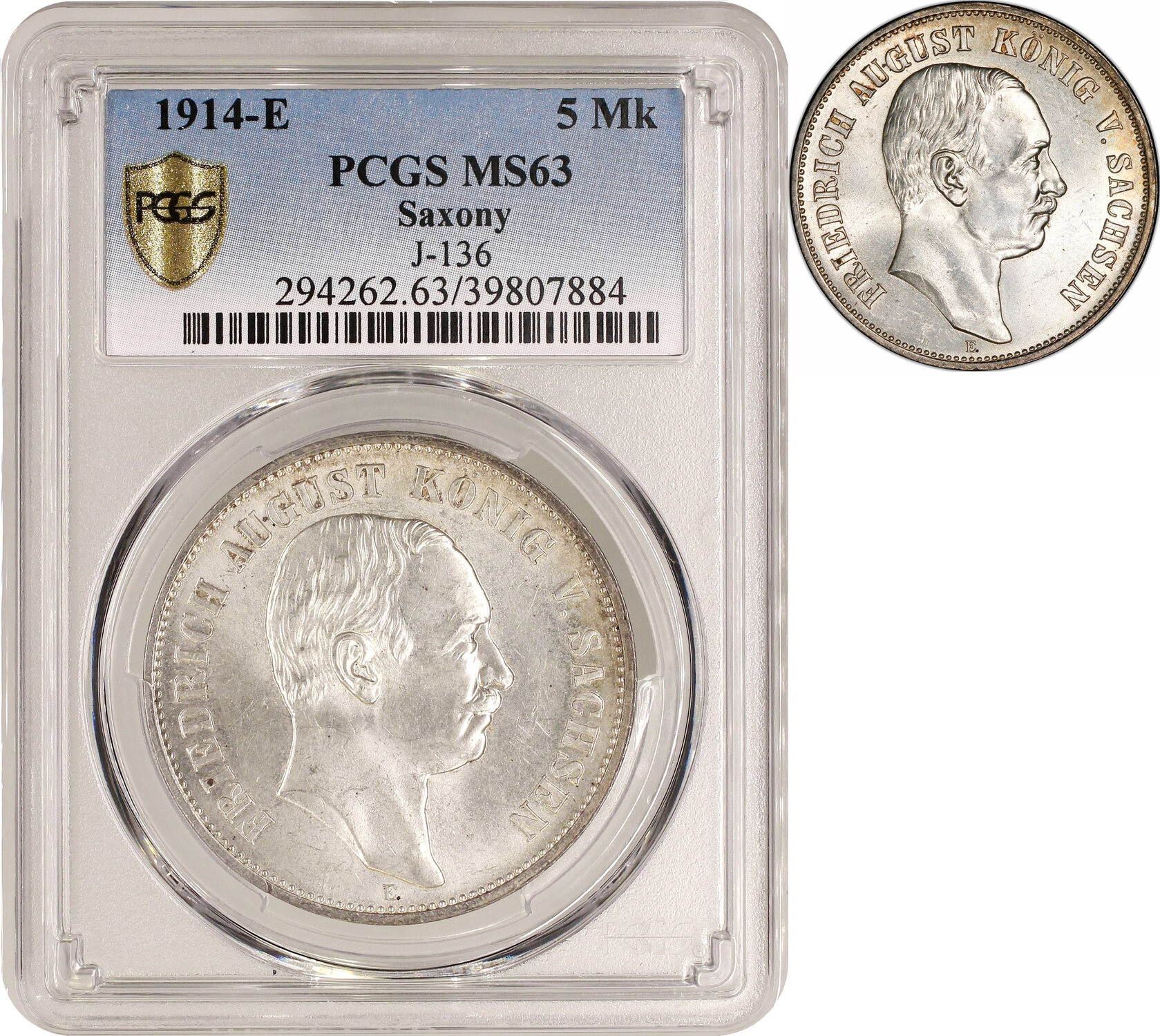 5 mark Saxony 1914, PCGS MS63, King Friedrich August III (1904 - 1918 ...