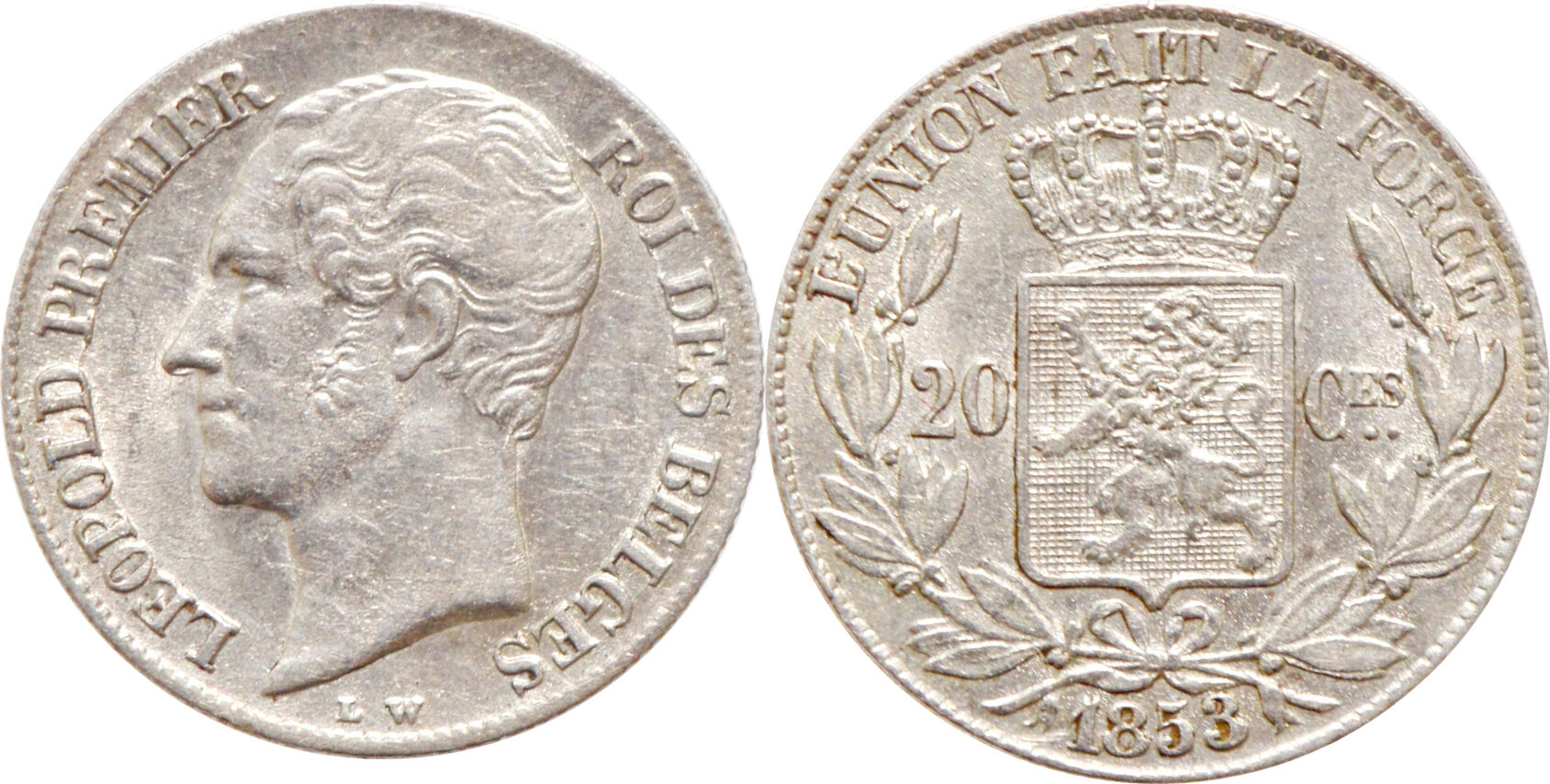 20 centimes Belgium 1853 LW, AU, King Leopold I (1832 - 1865) | MA-Shops