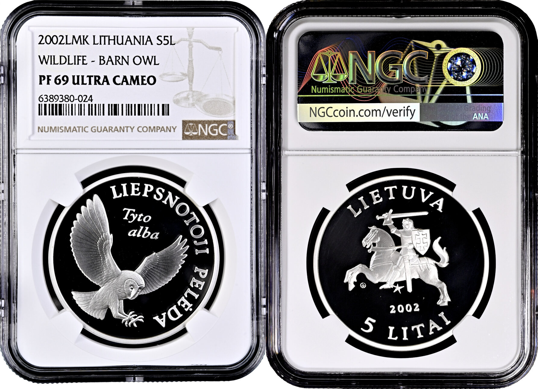 5 litas Lithuania 2002, NGC PF69 UC, Endangered Wildlife - Barn Owl Top ...