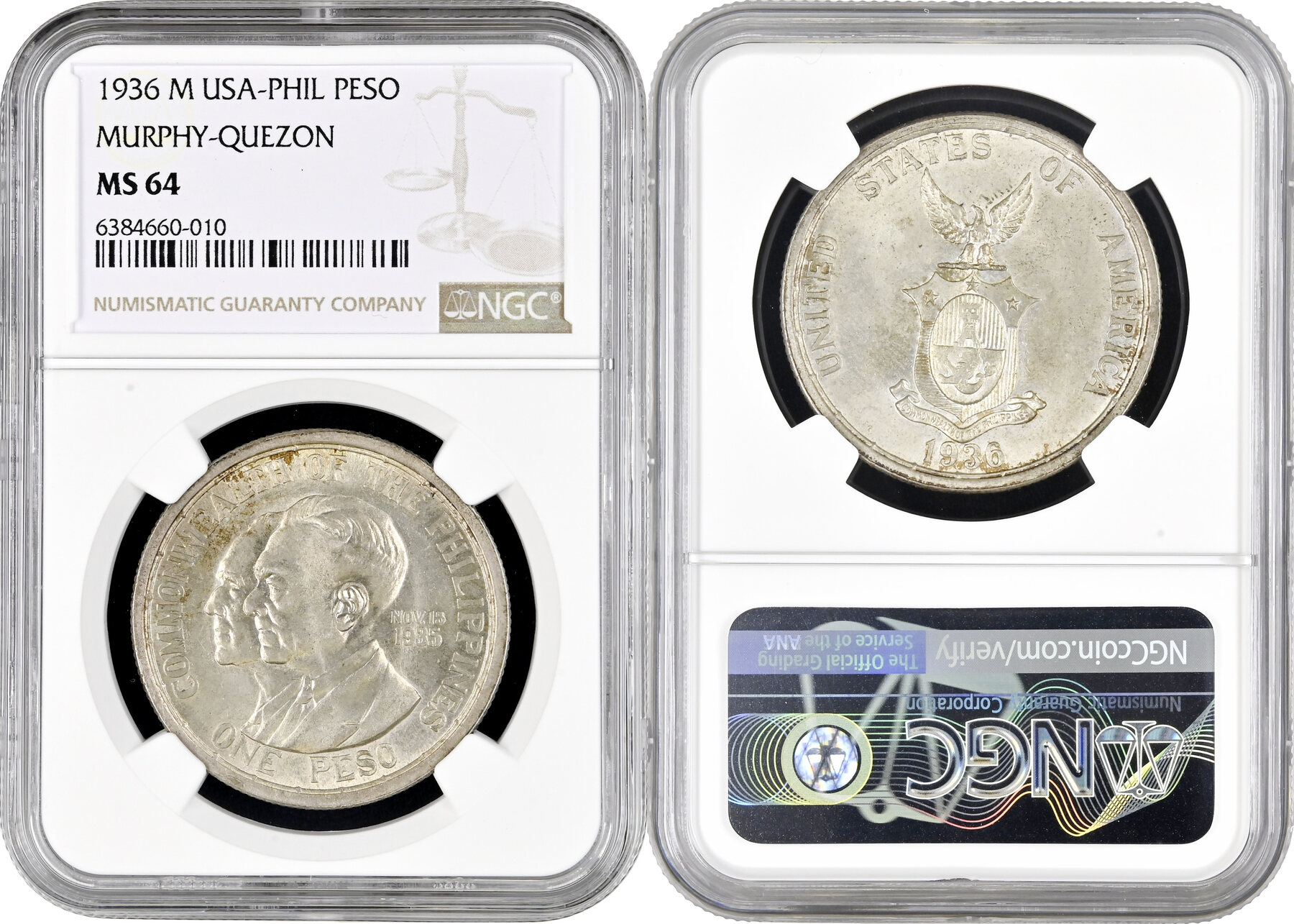 1 peso Philippines 1936, NGC MS64, Establishment of the Commonwealth ...