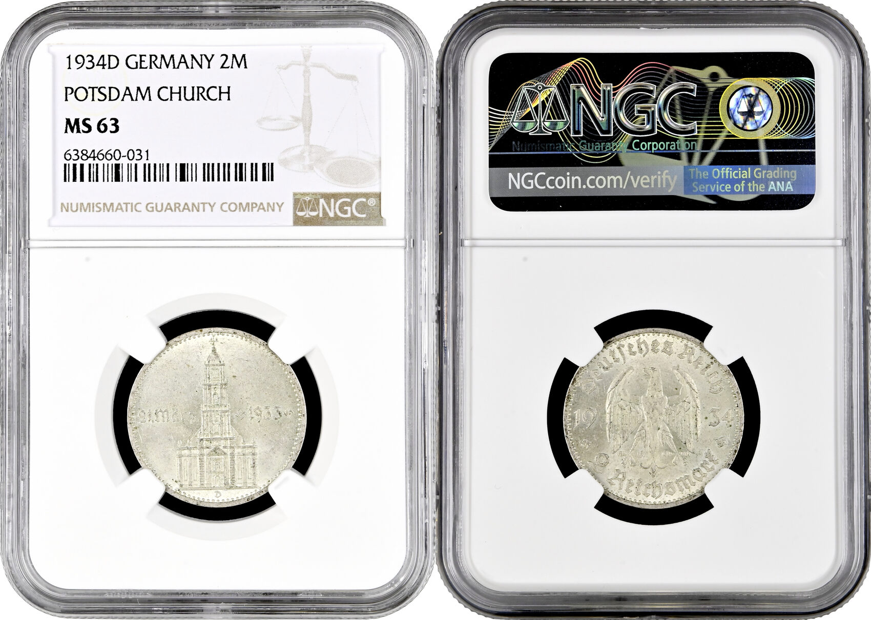 2 reichsmark Germany - Third Reich 1934 D, NGC MS63, Potsdam Garrison Church | MA-Shops