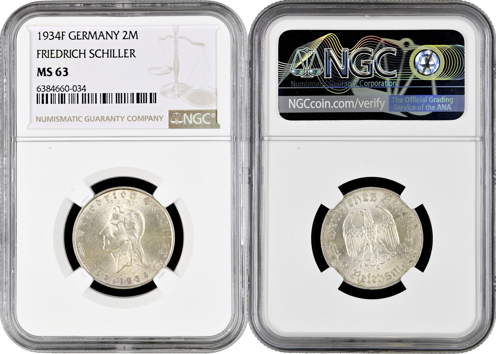 2 reichsmark Germany - Third Reich 1934, NGC MS63, Friedrich Schiller | MA-Shops