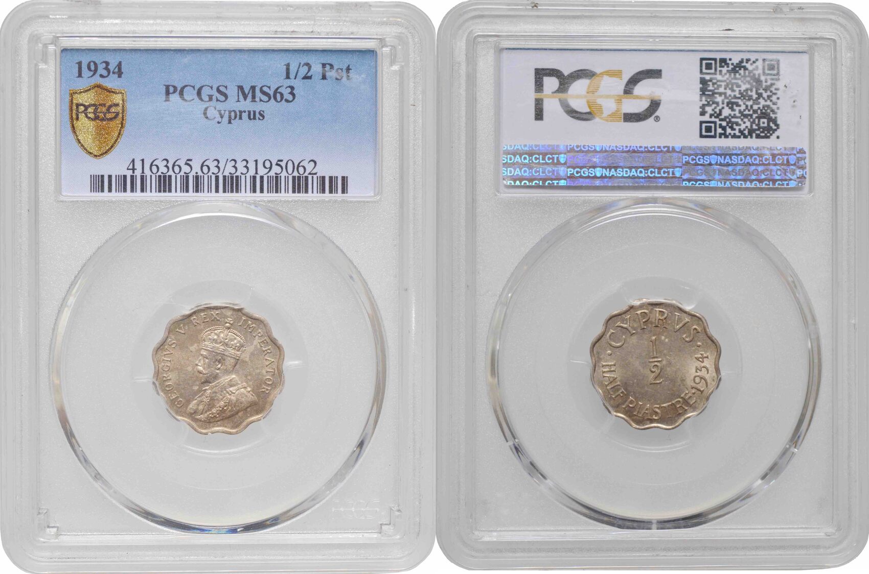 1/2 piastres Cyprus 1934, PCGS MS63, King George V (1911 - 1936) | MA-Shops