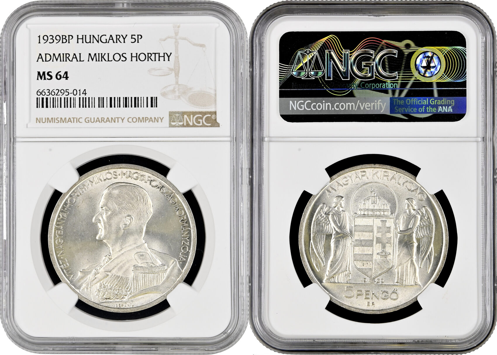 5 pengo Hungary 1939 BP, NGC MS64, Admiral Miklos Horthy | MA-Shops