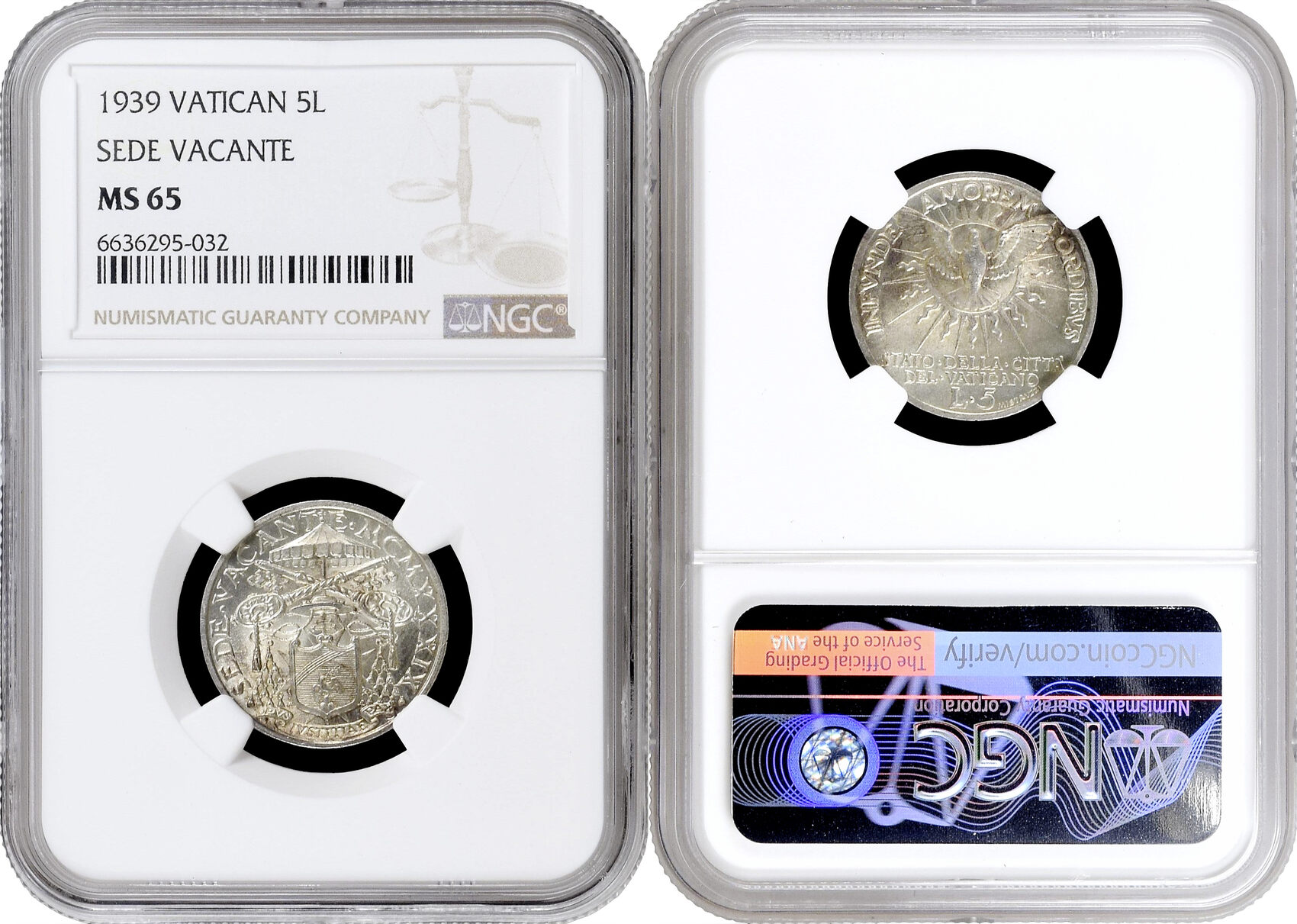 5 lire Vatican City 1939, NGC MS65, Sede vacante | MA-Shops