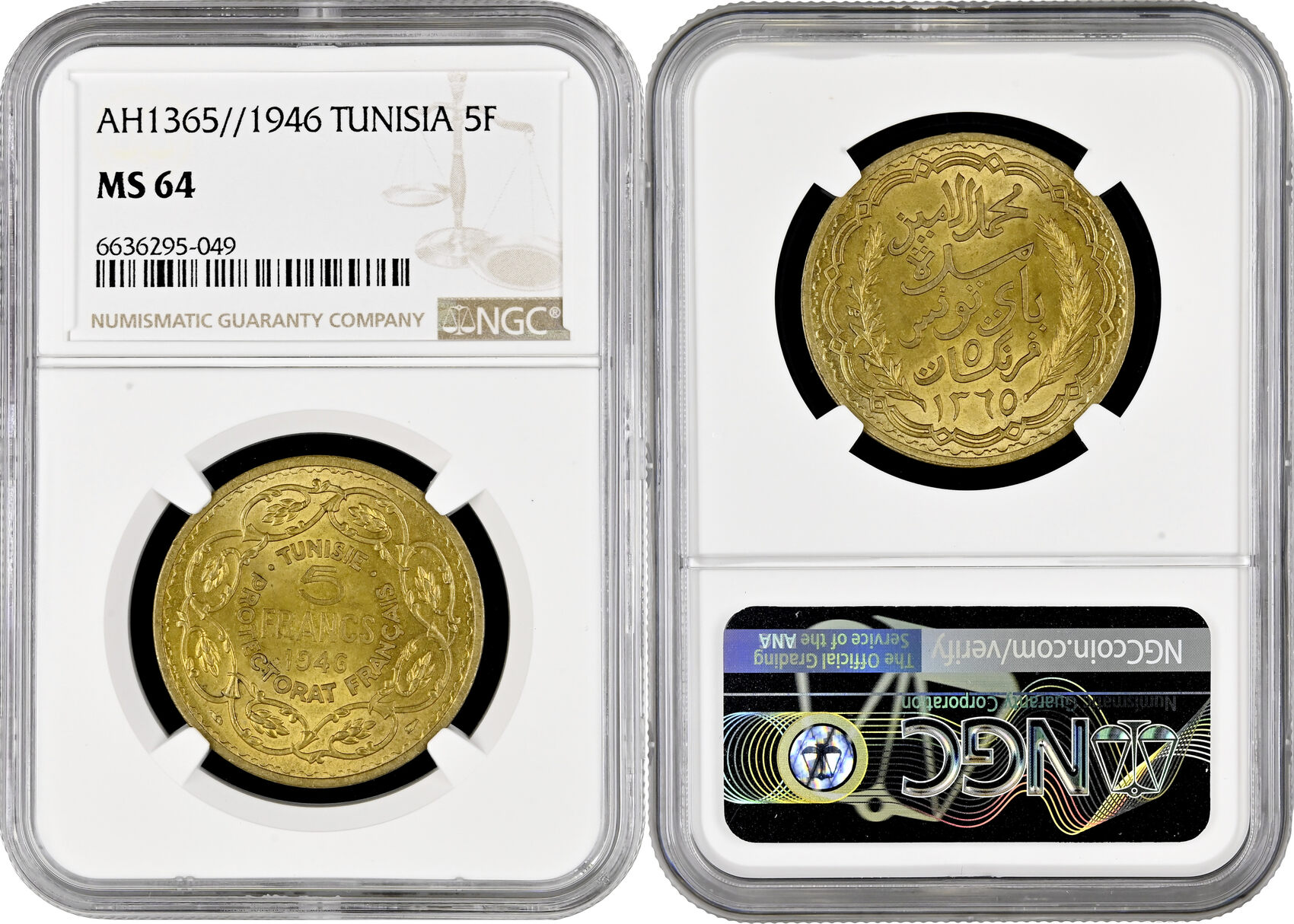 5 francs Tunisia 1946, NGC MS64, French protectorate (1890 - 1957) | MA-Shops