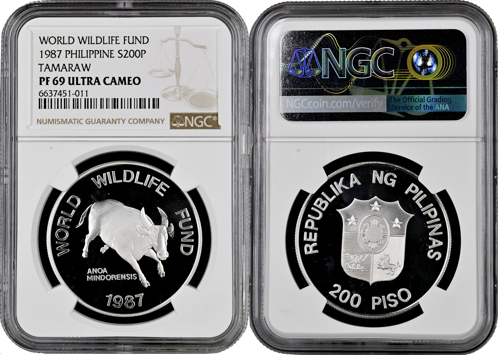 200 piso Philippines 1987, NGC PF69 UC, World Wildlife Fund - Tamaraw ...